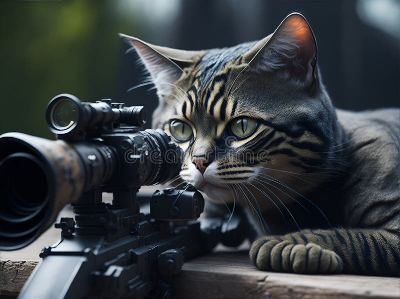 Cat Aims at the Sniper Scope of the Rifle. Stock Illustration ...