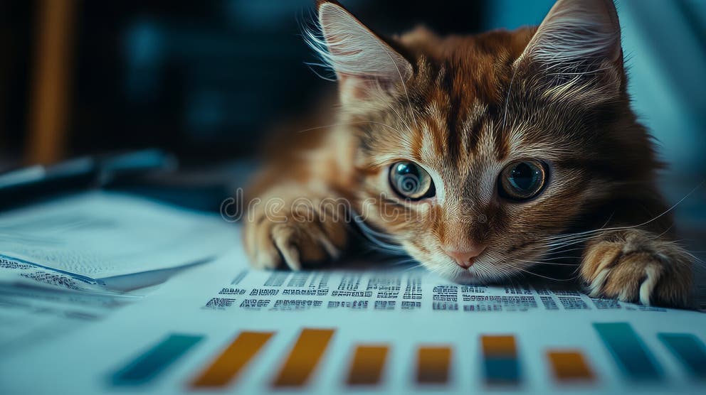 Cat Analyzing Financial Data on a Paper. a Charming and Funny Scene ...