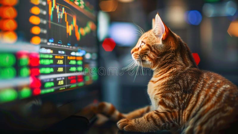 Cat Analyzing Stock Market Data on Computer Screen. Generative Ai Stock ...