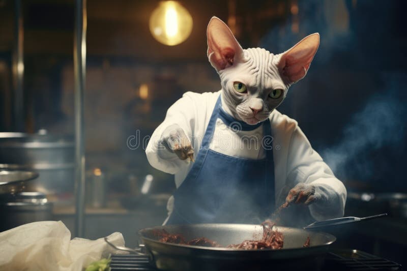 A Cat in an Apron Cooking Food in a Pan, AI Stock Photo - Image of ...