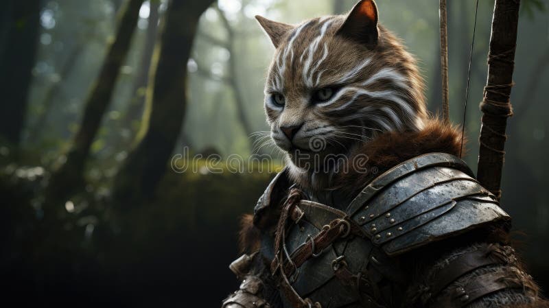 A cat in armor in a forest stock illustration. Illustration of warrior ...
