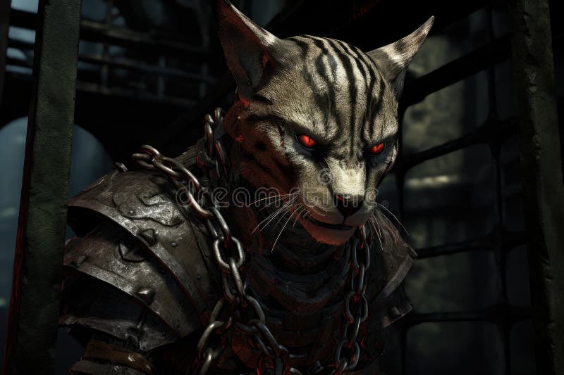 A Cat in Armor with Red Eyes Stock Illustration - Illustration of eyes ...