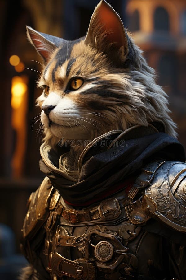 A Cat in Armor with Yellow Eyes Stock Illustration - Illustration of ...
