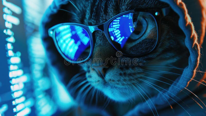 Cat As Hooded Hacker with Reflection of Computer Code in Glasses ...