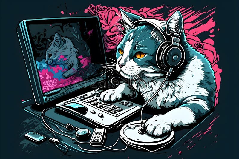 Cat As Video Game Live Stream Gamer Use PC Computer for Entertainment ...