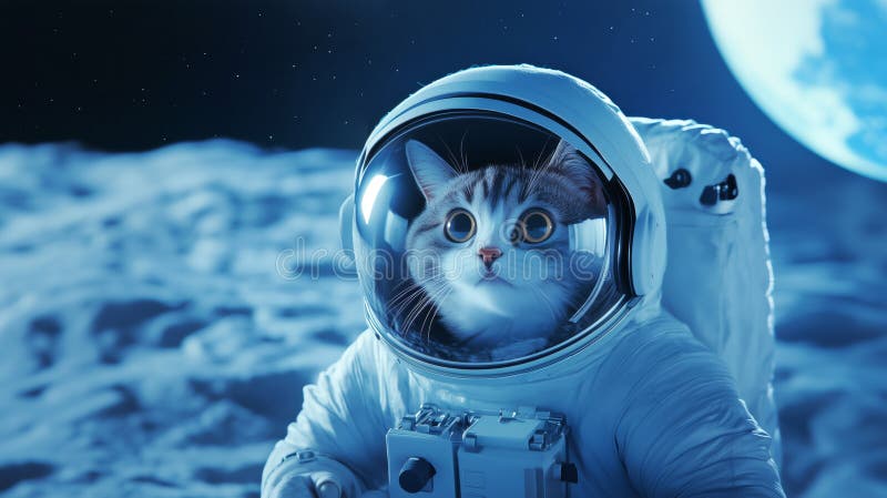 Cat in Astronaut Suit Exploring the Moon at Night Stock Illustration ...