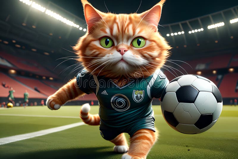 Cat Athlete Football Player Playing Football on the Football Field ...