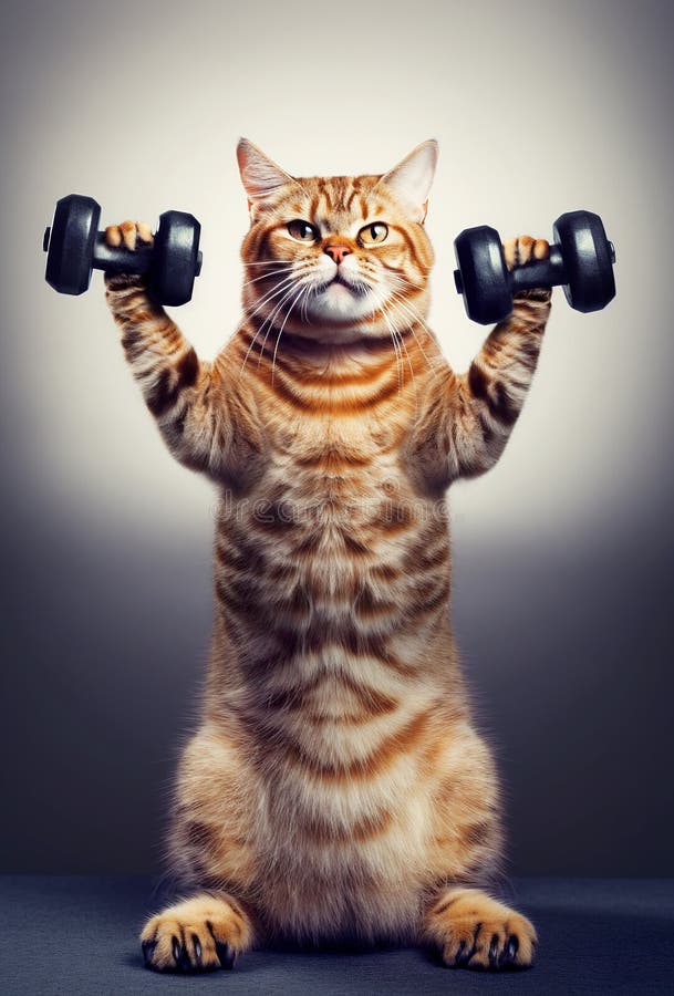 A Cat Athlete Performs Exercises with Dumbbells Stock Illustration ...