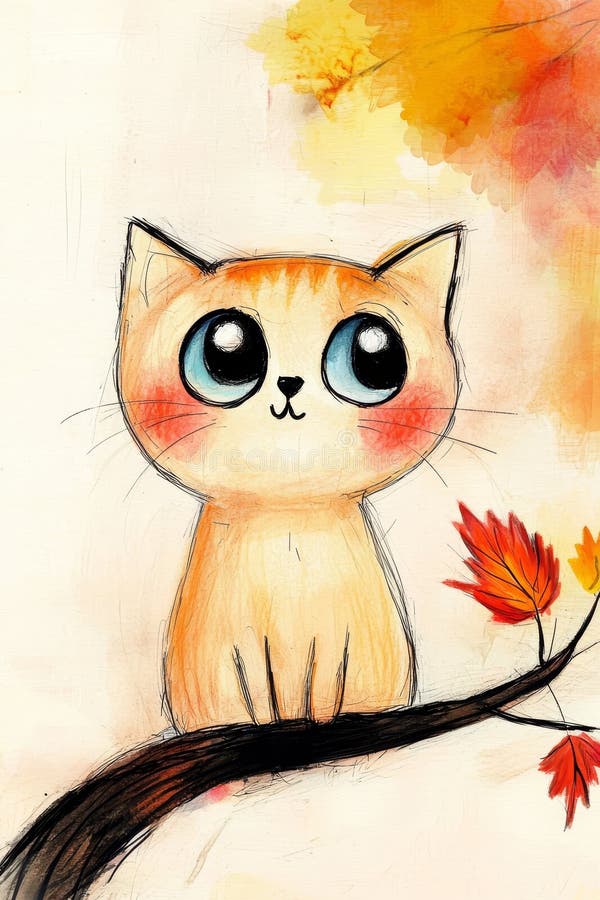 A Cat Atop a Tree Branch, with a Leaf in the Foreground, and a Maple ...