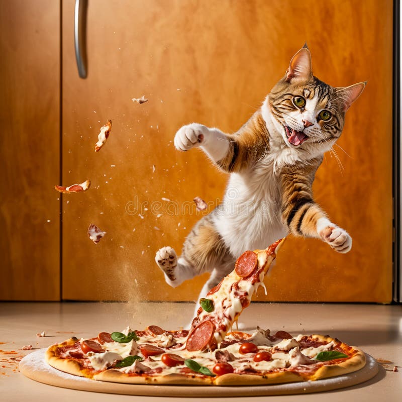 The Cat Attacks the Pizza. Generative AI Stock Illustration ...