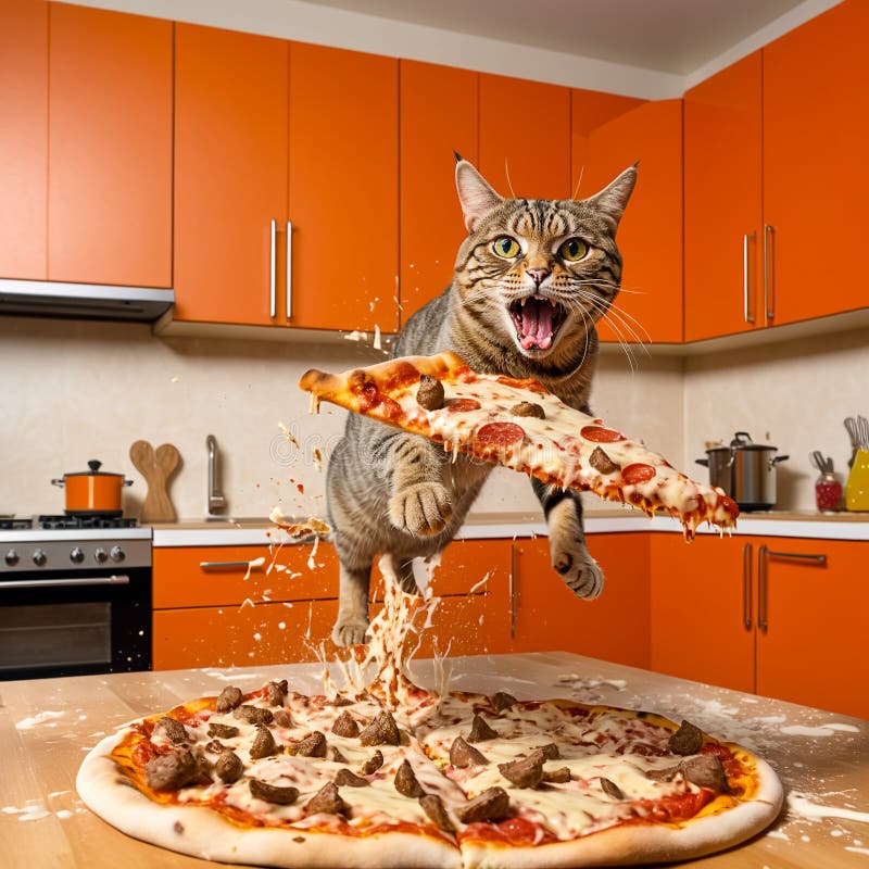 The Cat Attacks the Pizza. Generative AI Stock Illustration ...