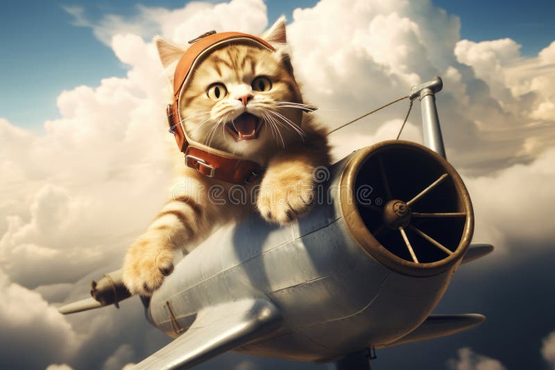 A Cat in Aviator Gear Humorously Pilots a Silver Propeller Plane Stock ...