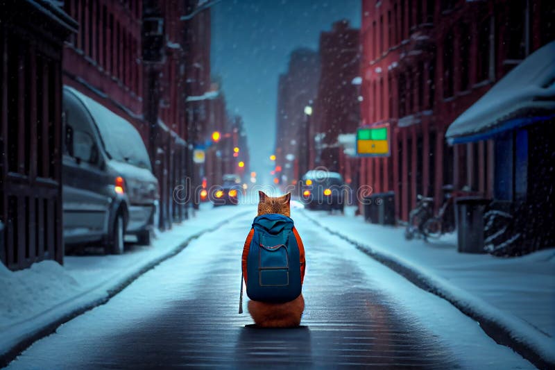 Cat with Backpack Sitting on Empty Winter City Road. Generative AI ...