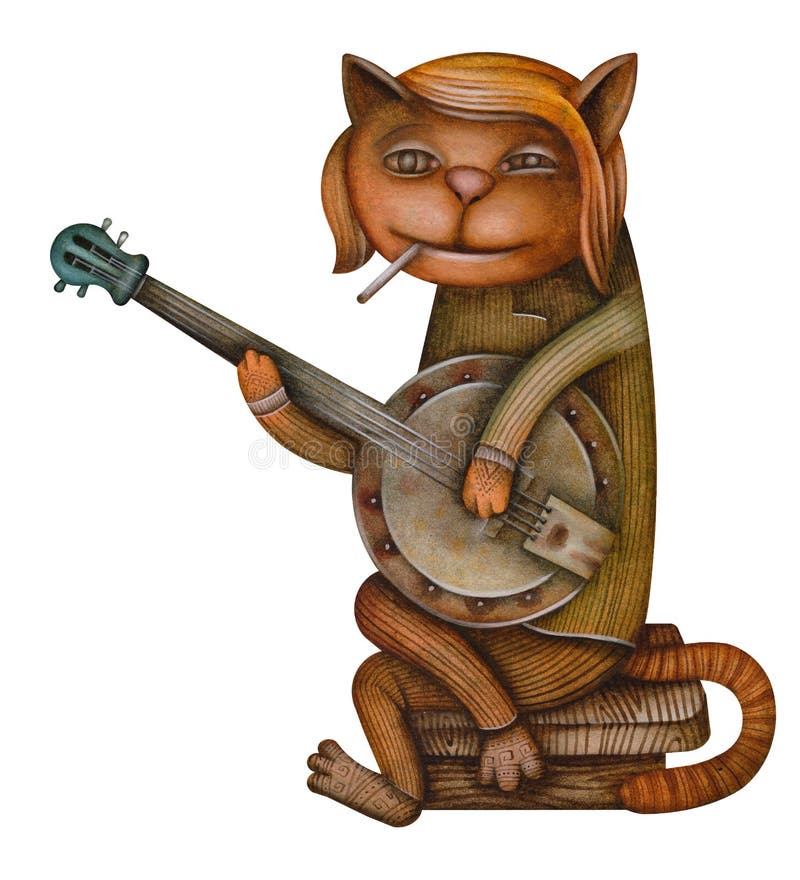Cat with banjo stock illustration. Illustration of watercolor - 213748173