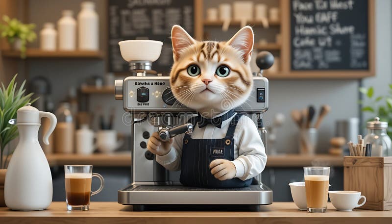 Cat Barista Making Coffee with Espresso Machine in Cafe Setting Stock ...