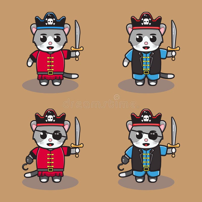 Cute Little Cat Pirate Captain Cartoon Set. Stock Vector - Illustration ...