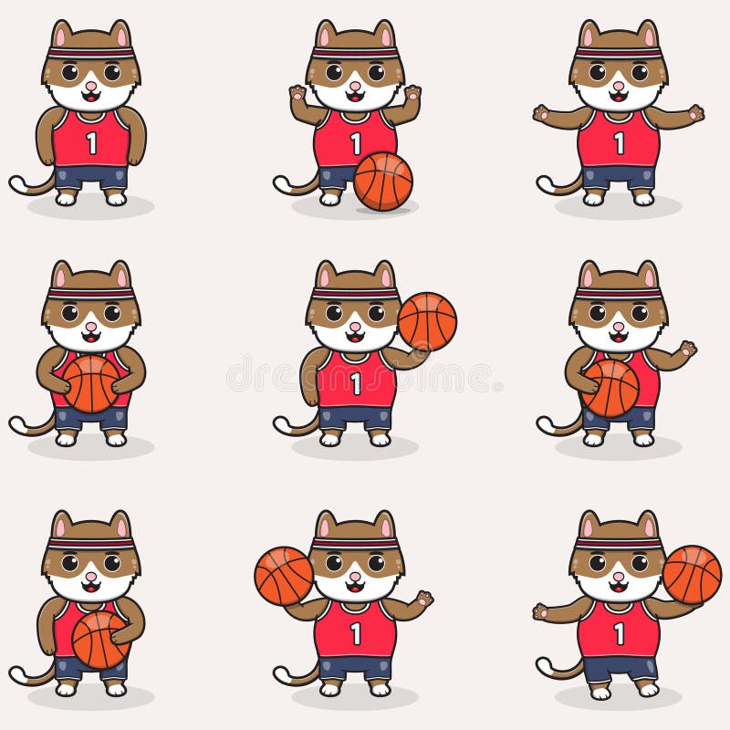 Cute Cartooon Cat Basketball Set Stock Vector - Illustration of graphic ...
