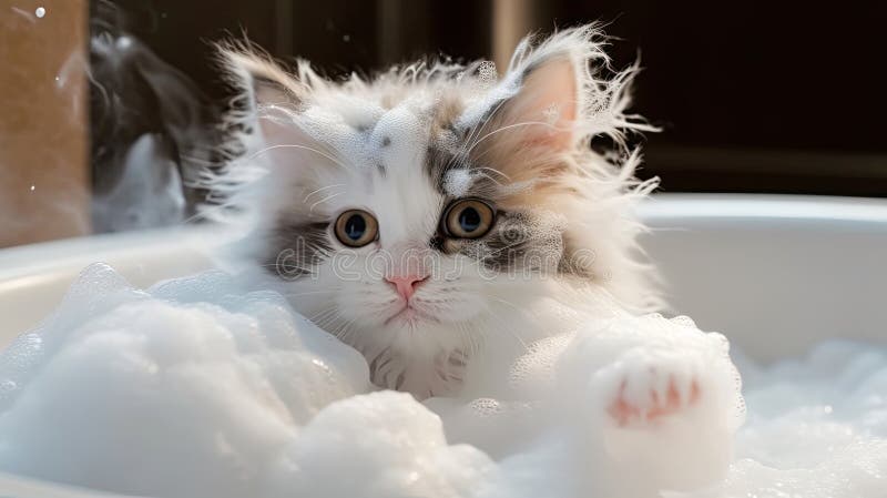 Cat bath. Wet cat stock photo. Image of feline, funny - 299911994