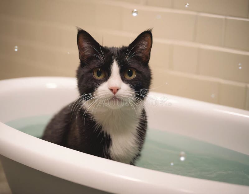 Cat Bathing in Bathtub, Looking at Camera Stock Image - Image of animal ...