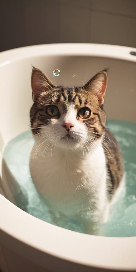 Cat Bathing in Bathtub, Looking at Camera Stock Photo - Image of ...