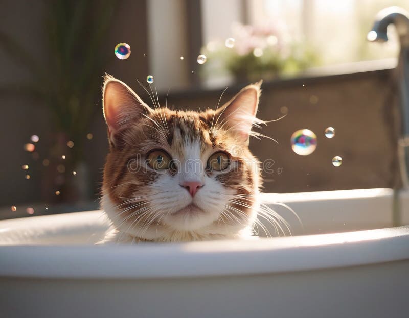Cat Bathing in Bathtub, Looking at Camera Stock Image - Image of stare ...