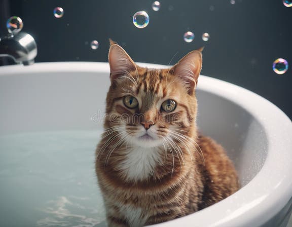 Cat Bathing in Bathtub, Looking at Camera Stock Image - Image of funny ...
