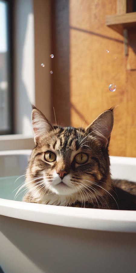 Cat Bathing in Bathtub, Looking at Camera Stock Photo - Image of cute ...
