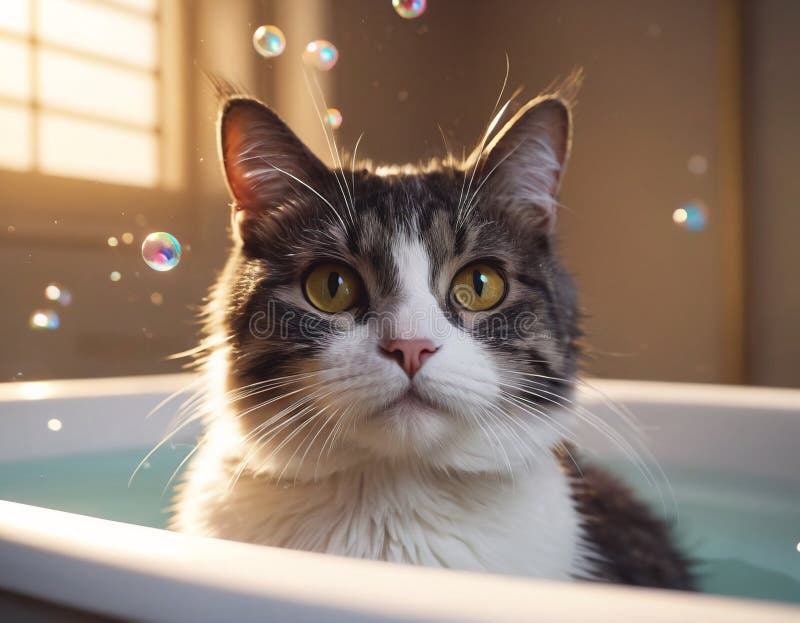Cat Bathing in Bathtub, Looking at Camera Stock Photo - Image of ...