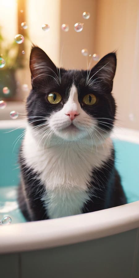 Cat Bathing in Bathtub, Looking at Camera Stock Photo - Image of cool ...