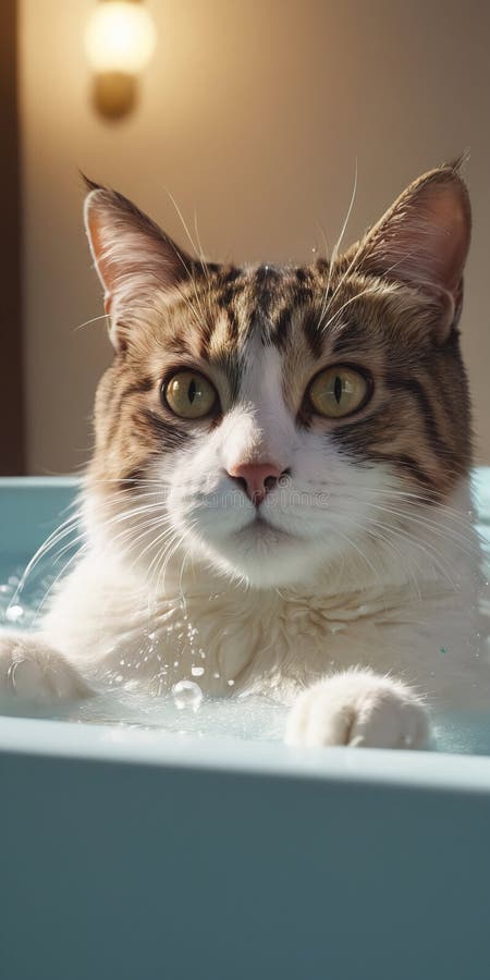 Cat Bathing in Bathtub, Looking at Camera Stock Image - Image of feline ...