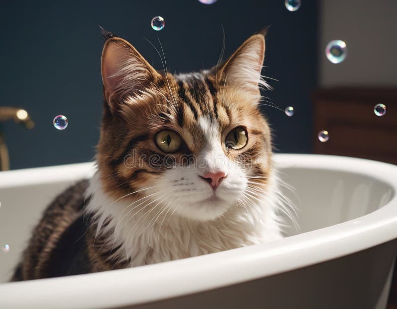 Cat Bathing in Bathtub, Looking at Camera Stock Image - Image of ...