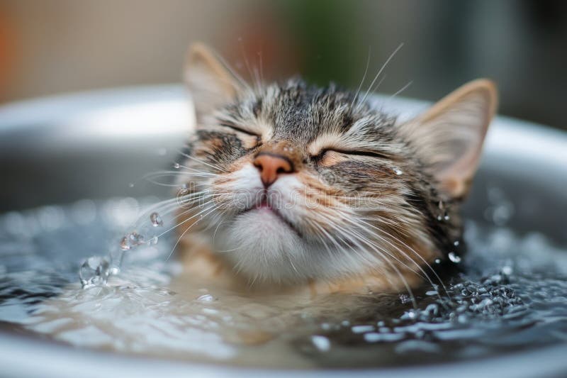 Cat Bathing Bliss - Adorable Kitten Enjoying Refreshing Water Moment ...