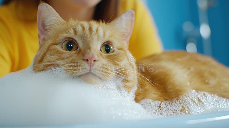 Cat in Bathtub Being Washed with Bubbles, Looking Curious and Calm ...