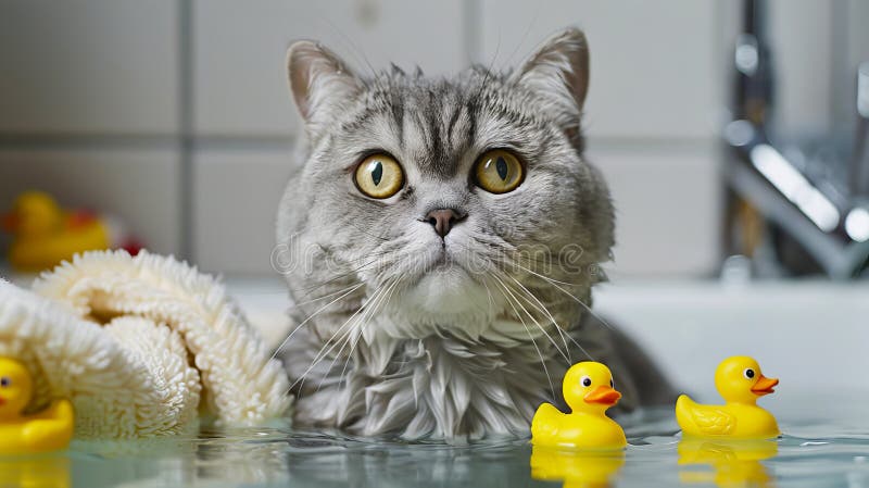 A Cat in a Bathtub with Rubber Ducks Stock Photo - Image of water ...