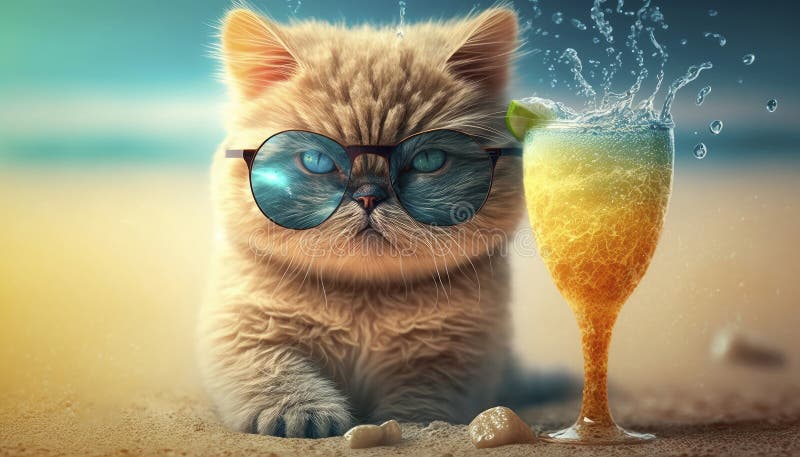Cat on the Beach with a Cocktail. Stock Image - Image of blue, summer ...