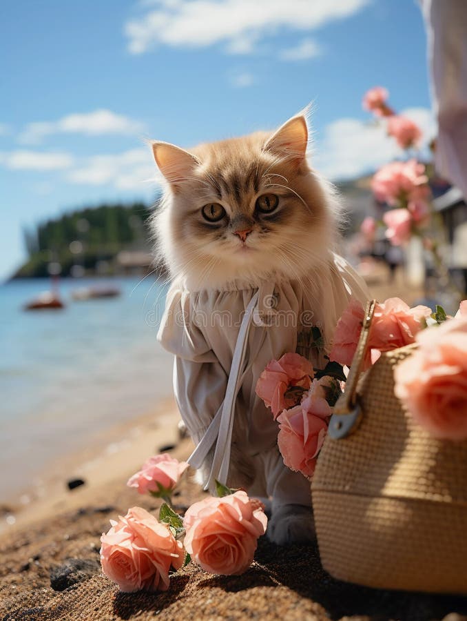 Cat on the beach stock illustration. Illustration of blue - 301329136