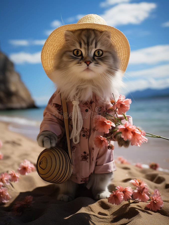 Cat on the Beach. Relax by the Sea Stock Illustration - Illustration of ...
