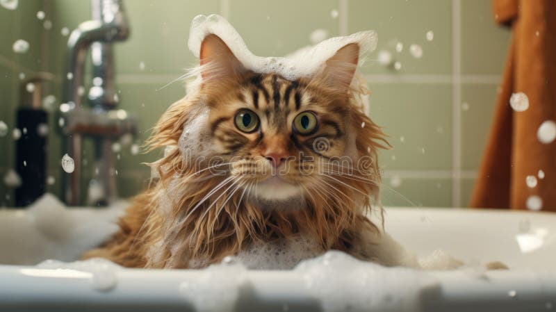 Cat Being Washed in Bath. Generative AI Stock Illustration ...