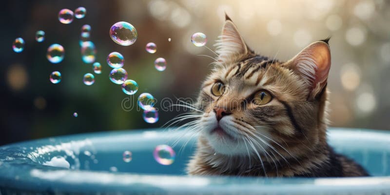 Cat Being Washed in Bath Tube Full of Soap Bubbles. Stock Photo - Image ...