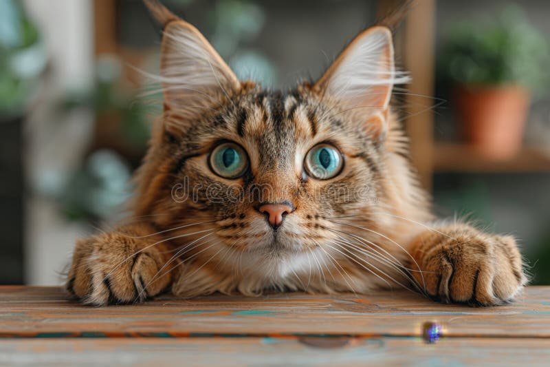 Cat with Big Blue Eyes Peeking Over a Wooden Table. Stock Photo - Image ...
