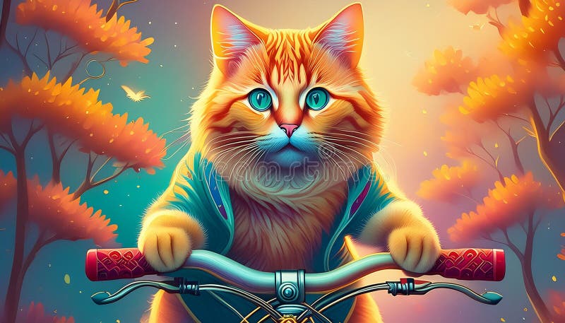 Cat on bike AI generated stock illustration. Illustration of animal ...