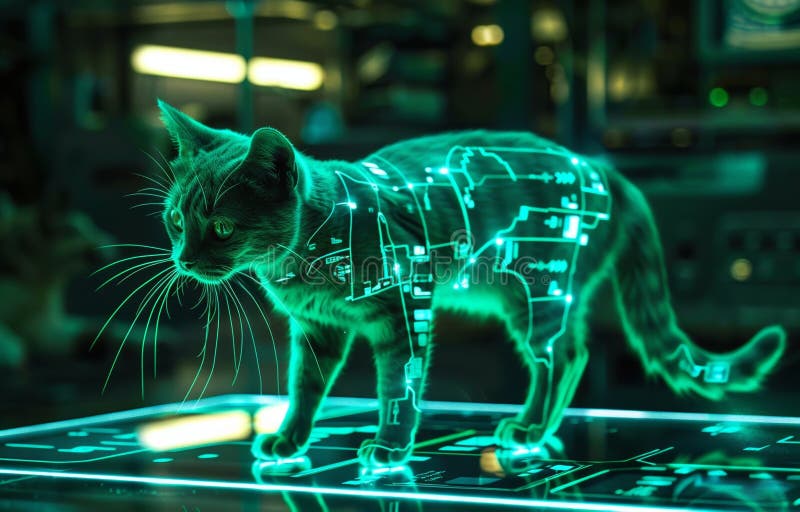 A Cat with Bio Mechanical Enhancements and Glowing Circuit Patterns ...