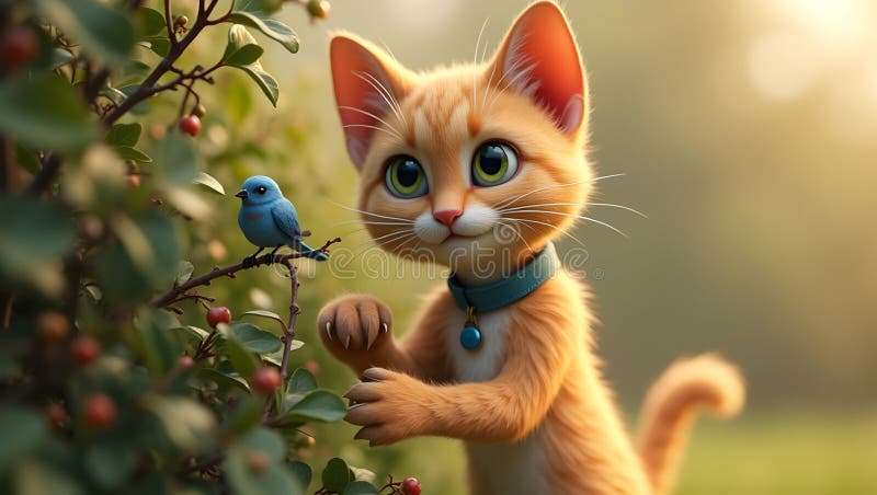 Cat and bird stock illustration. Illustration of young - 366955860