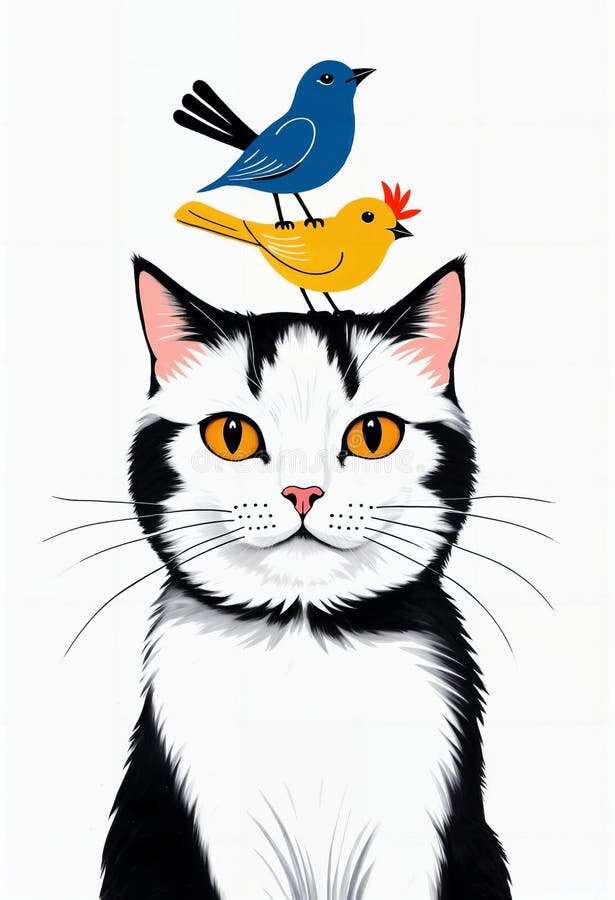 Cat with Birds on Head stock illustration. Illustration of perched ...
