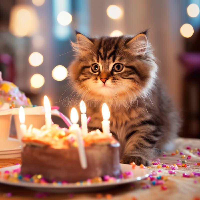 Cat Birthday, Kitten with a Birthday Cake Stock Illustration ...