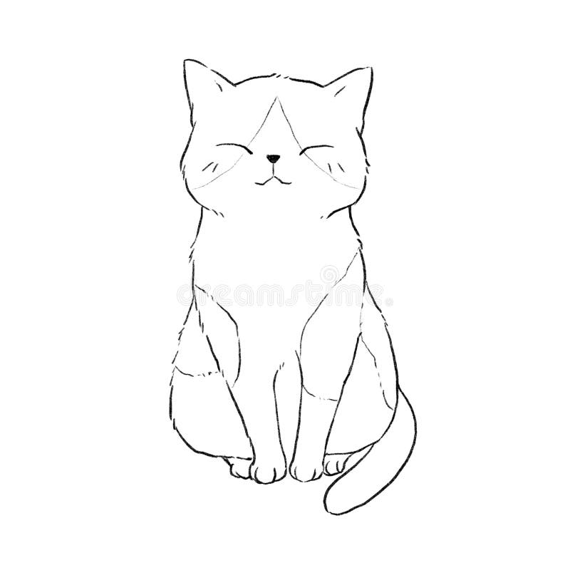 Black and White Cat Sitting Smiling, Line Drawing for Coloring Stock ...