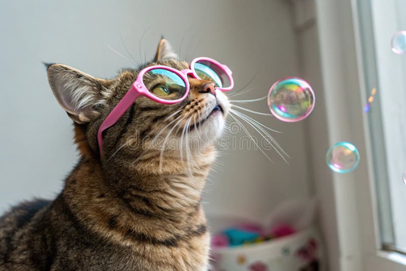 Cat Blowing Bubblegum Bubble, Wears Pink Glasses - Generated by Ai ...