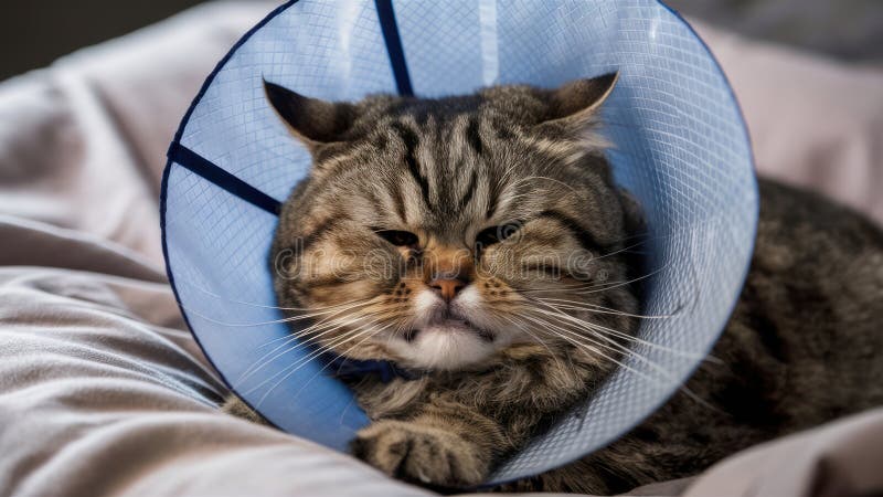 A Cat with a Blue Cone on Its Head Laying Down, AI Stock Image - Image ...
