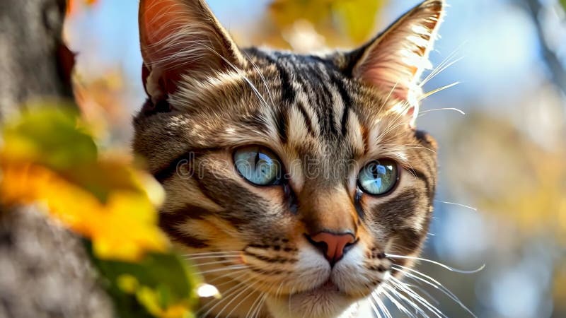 A Cat with Blue Eyes Peeking Out from Behind a Tree Stock Footage ...