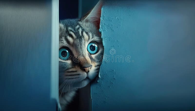 A Cat with Blue Eyes Peeking Out from Behind a Wall Stock Illustration ...